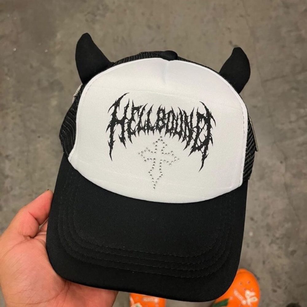 Devil Horns Trucker Hat With Rhinestone Cross - Gem